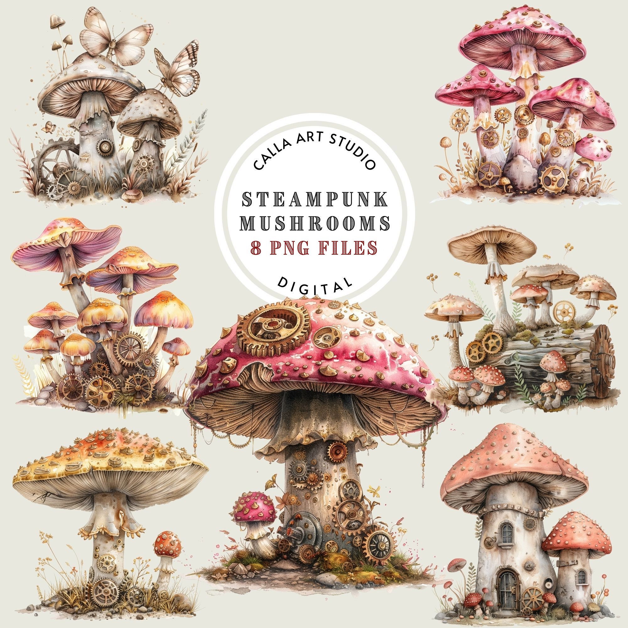 Steampunk Mushrooms Watercolor Clipart, Fantasy Mushroom Art for ...
