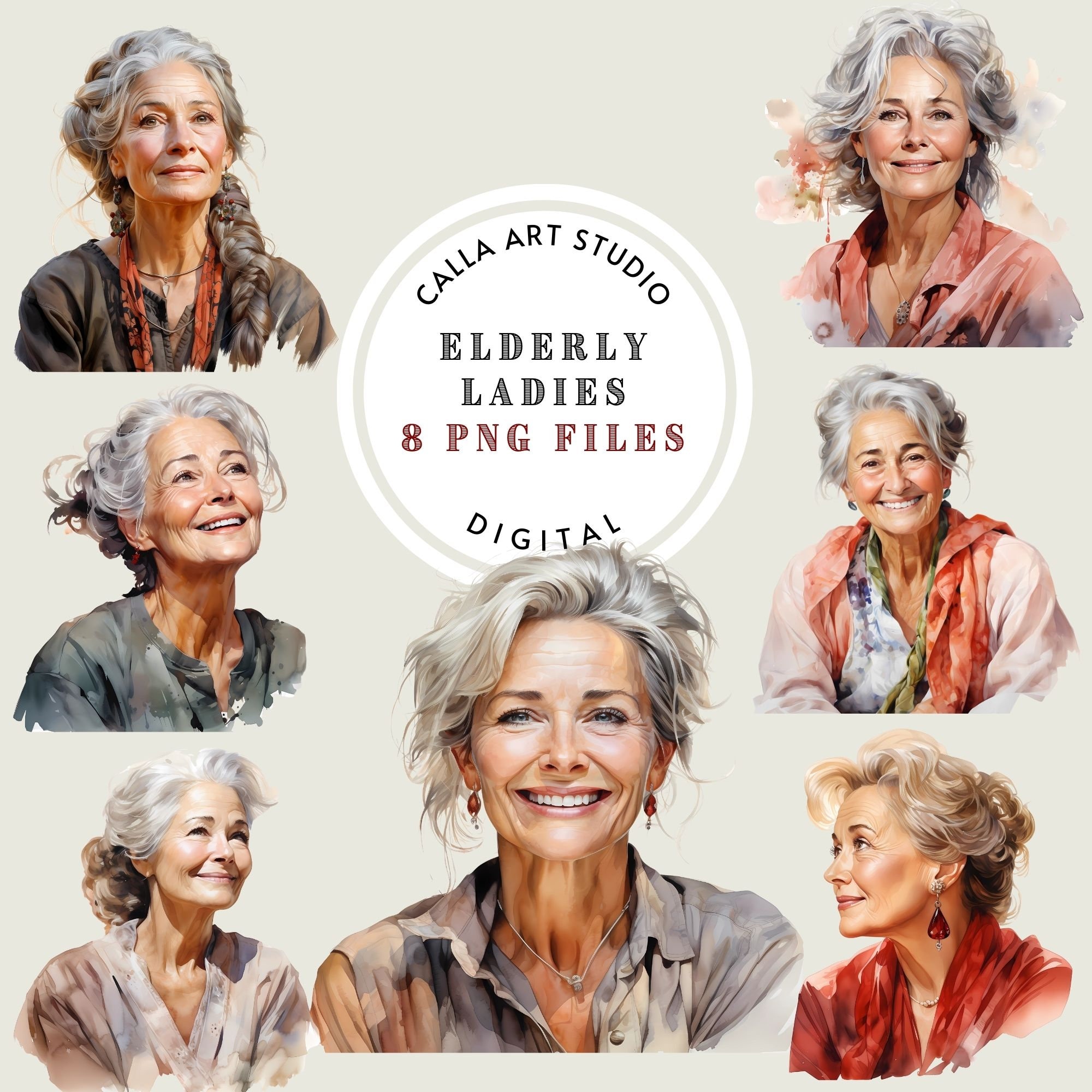 Elderly Ladies Clipart, Mid Aged Women Art, Watercolor Portraits ...