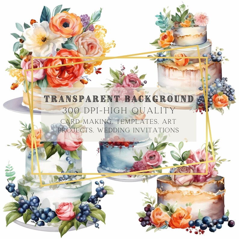 Watercolor Cake Clipart, Wedding Cake, Dessert Clipart, Cardmaking Pngs ...