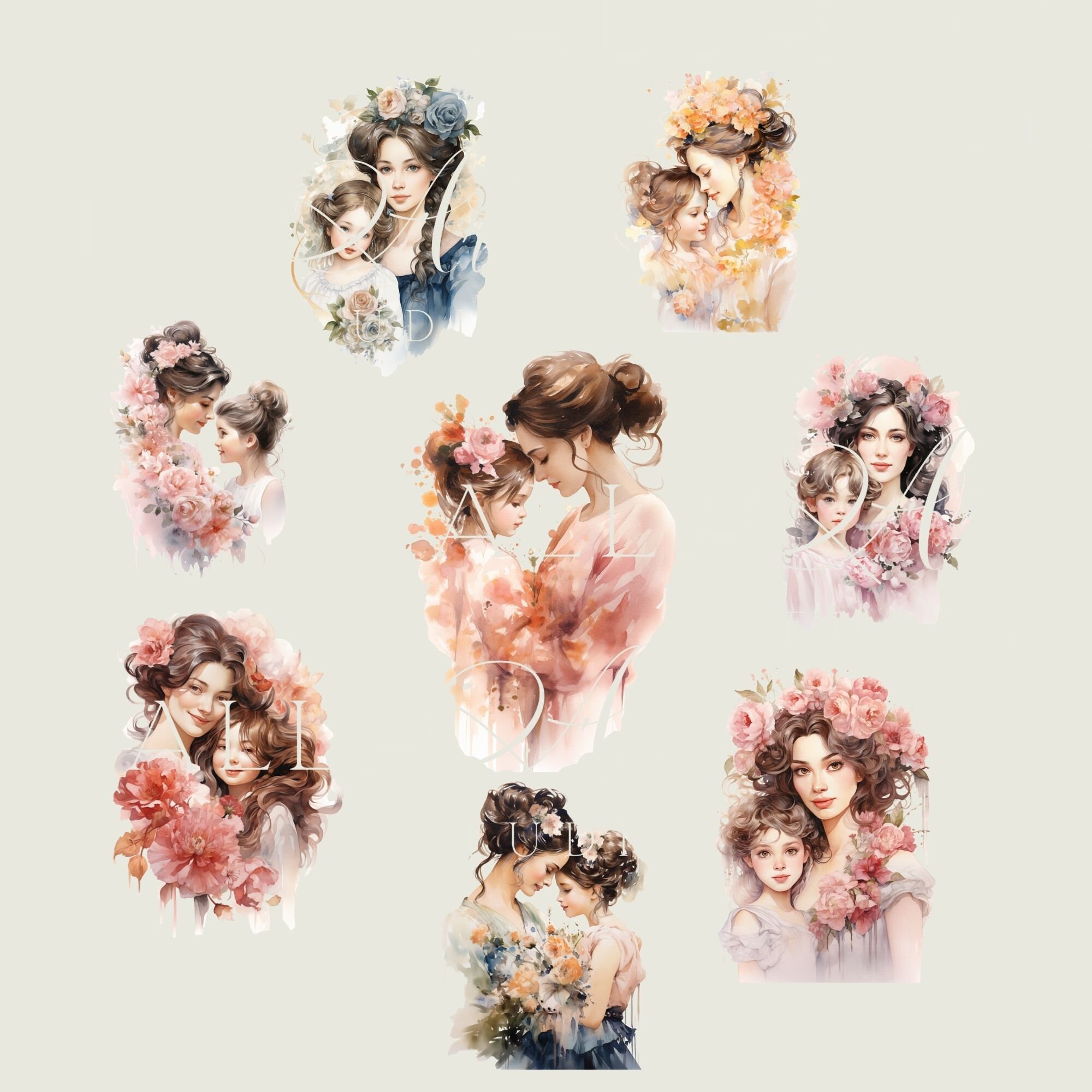 Mother and Daughter Watercolor Clipart, Mother's Day Card, Printable ...