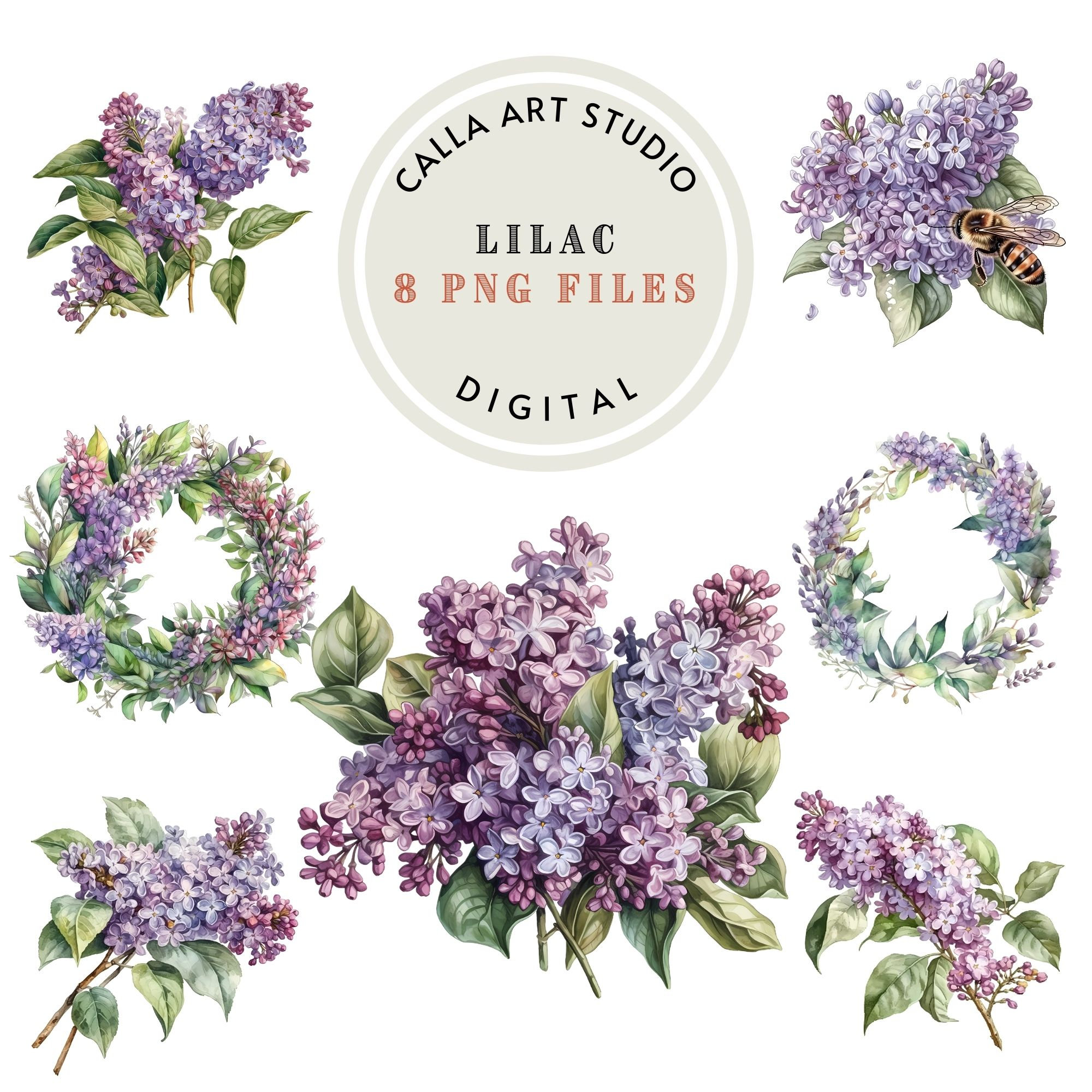 Lilac Flower Clipart Bundle PNG Watercolor Clip Art Flowers Wedding ...