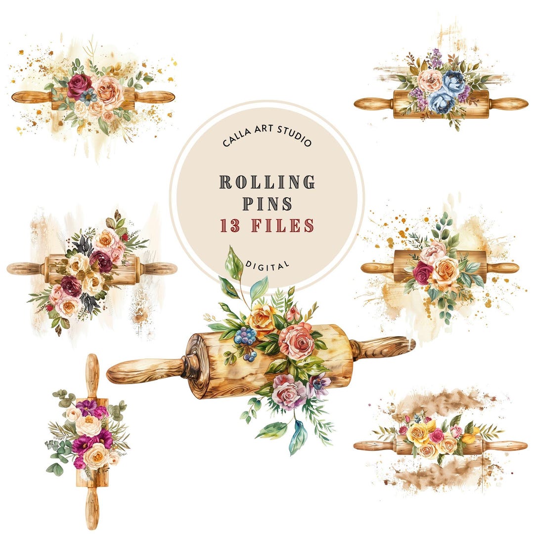 Rolling Pin Clipart, Floral Clipart, Cooking Tools Clipart, Branding ...