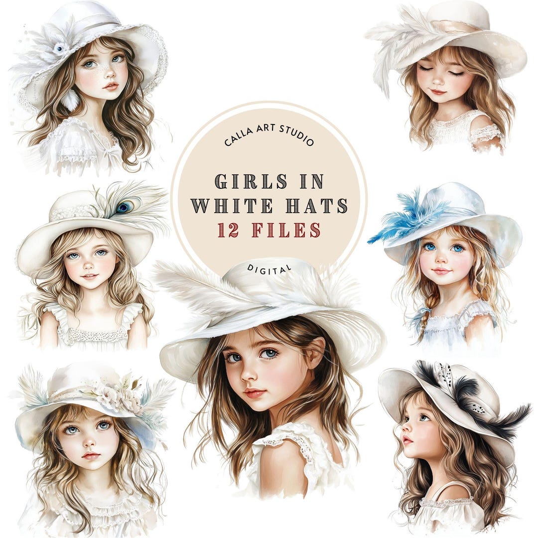 Little Girl in White Hat, Watercolor Clipart Bundle, Boho Chic Artwork ...