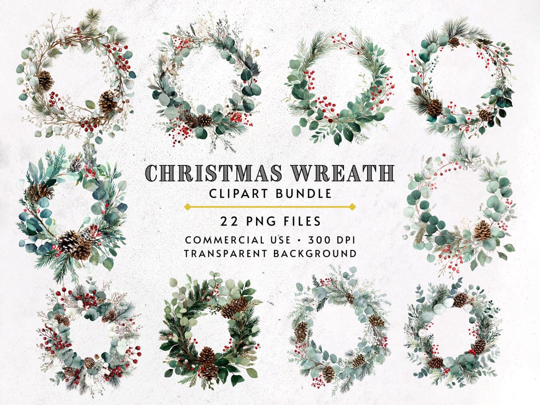Christmas Wreath Clipart Bundle PNG – Watercolor Winter Greenery Frames ...