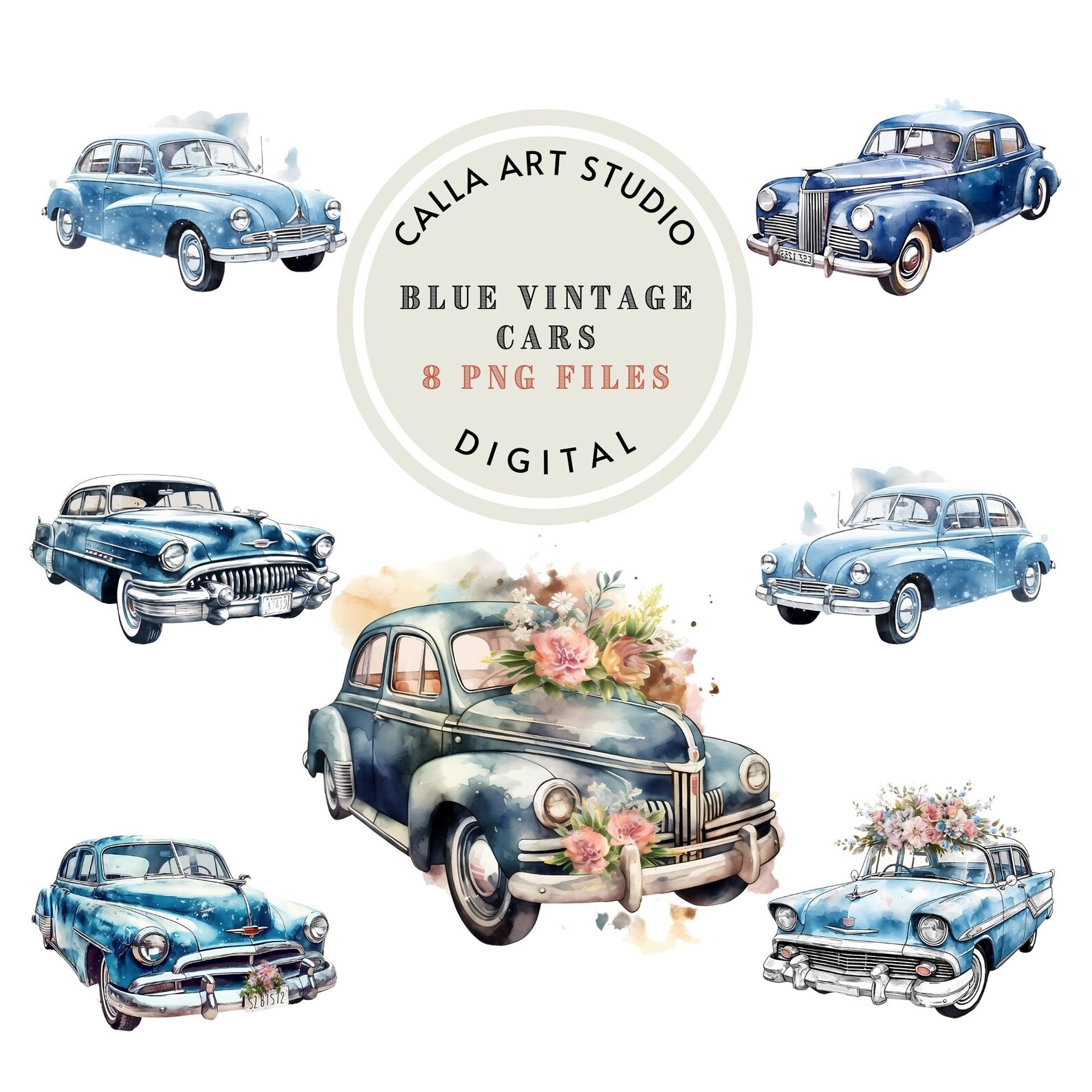 Watercolor Vintage Cars Clipart Bundle PNG Blue Car Watercolor Car ...