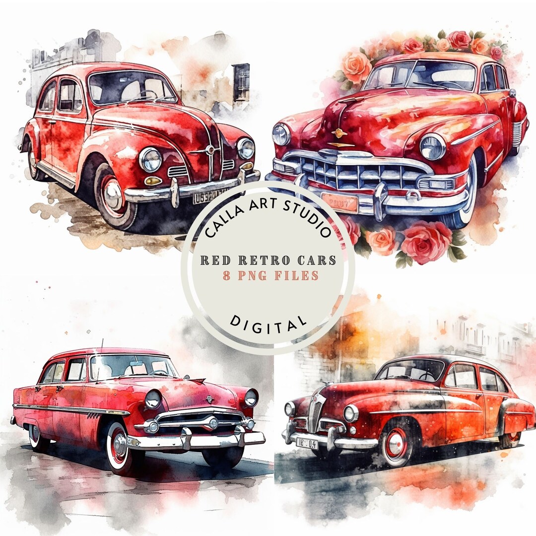 Vintage Cars Watercolor Clipart Bundle PNG Red Car Watercolor Car ...