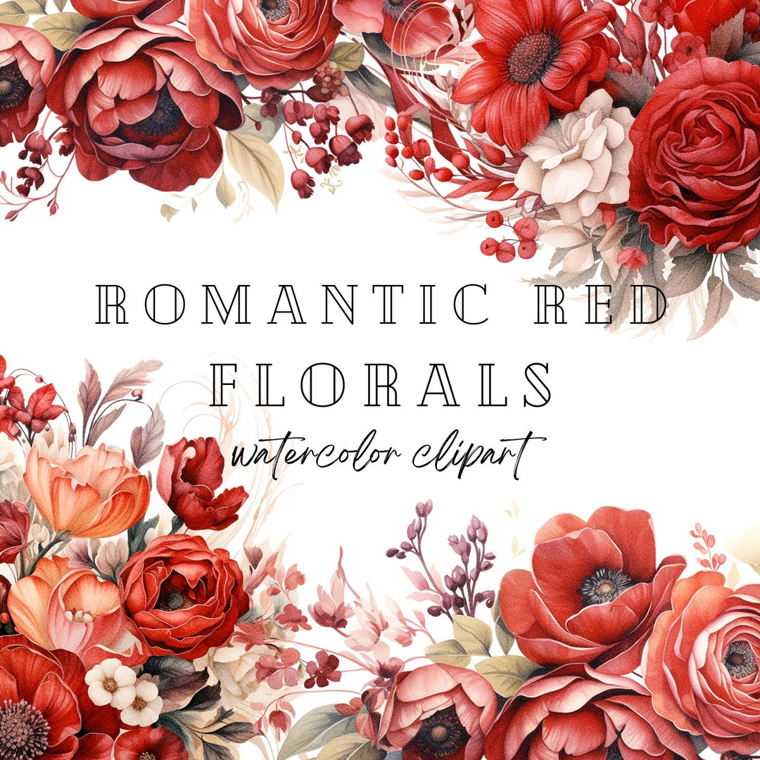 Romantic Red Floral Bouquets Clipart Pack, Watercolor Wedding Flowers ...