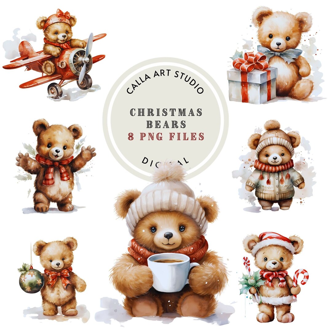 Watercolour Christmas Bear Clipart, Xmas Teddy Bears PNG, Winter Clip ...