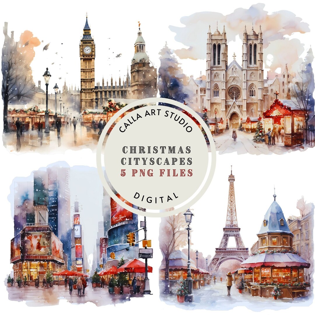 Christmas City, Watercolor Clipart Bundle, Cityscapes Art, Winter ...
