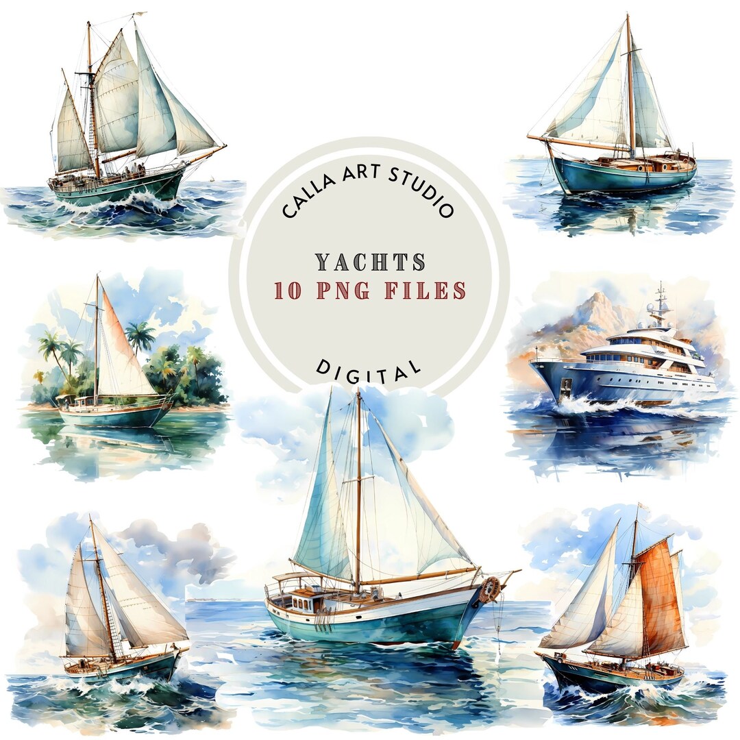 Watercolor Sailing Yacht Clipart, Sailboat Clipart, Fathers Day Gift ...