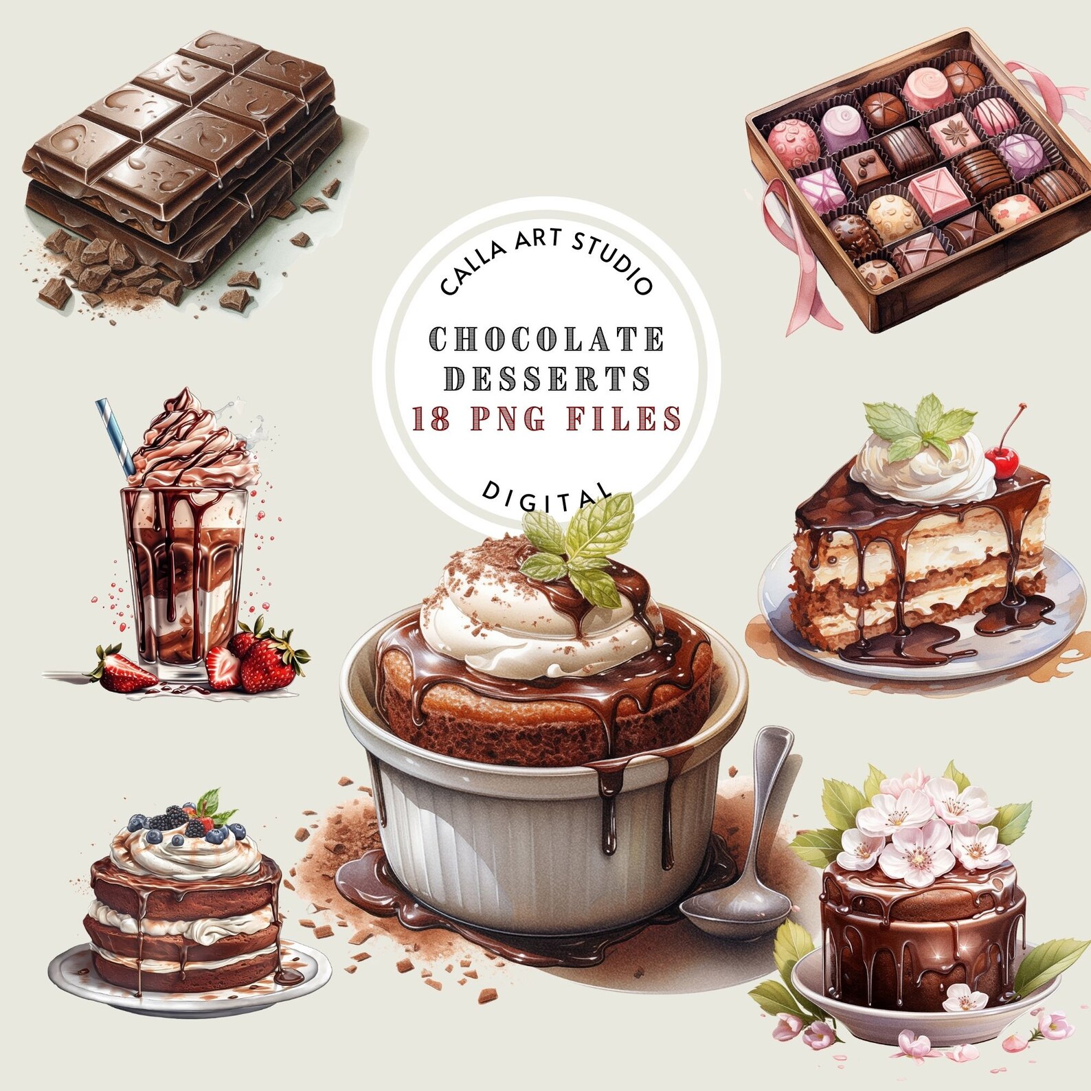 Chocolate Dessert Clipart, Watercolor Food Illustration, Sweets Clipart ...