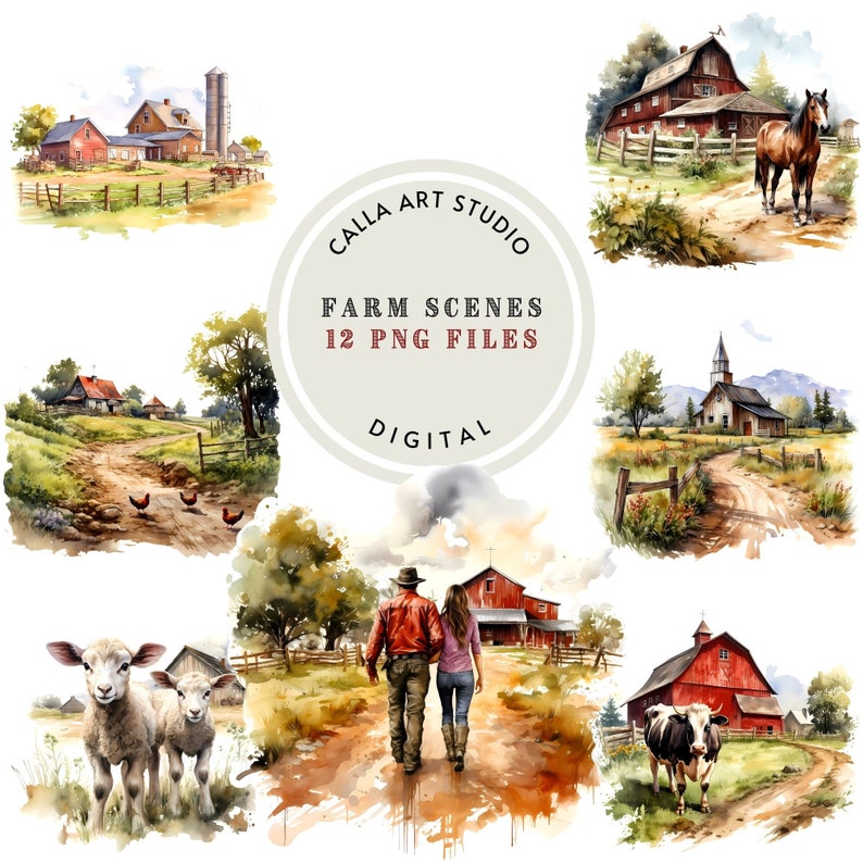 Farm Scene Watercolor Clipart Bundle, Red Barn PNG, Digital Download ...