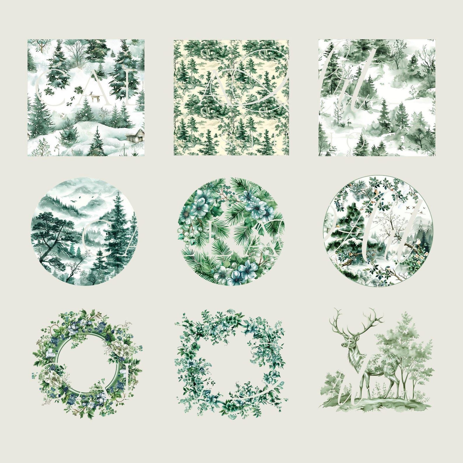 Christmas Toile Clipart Holiday, Green Festive Clipart, Chinoiserie PNG ...