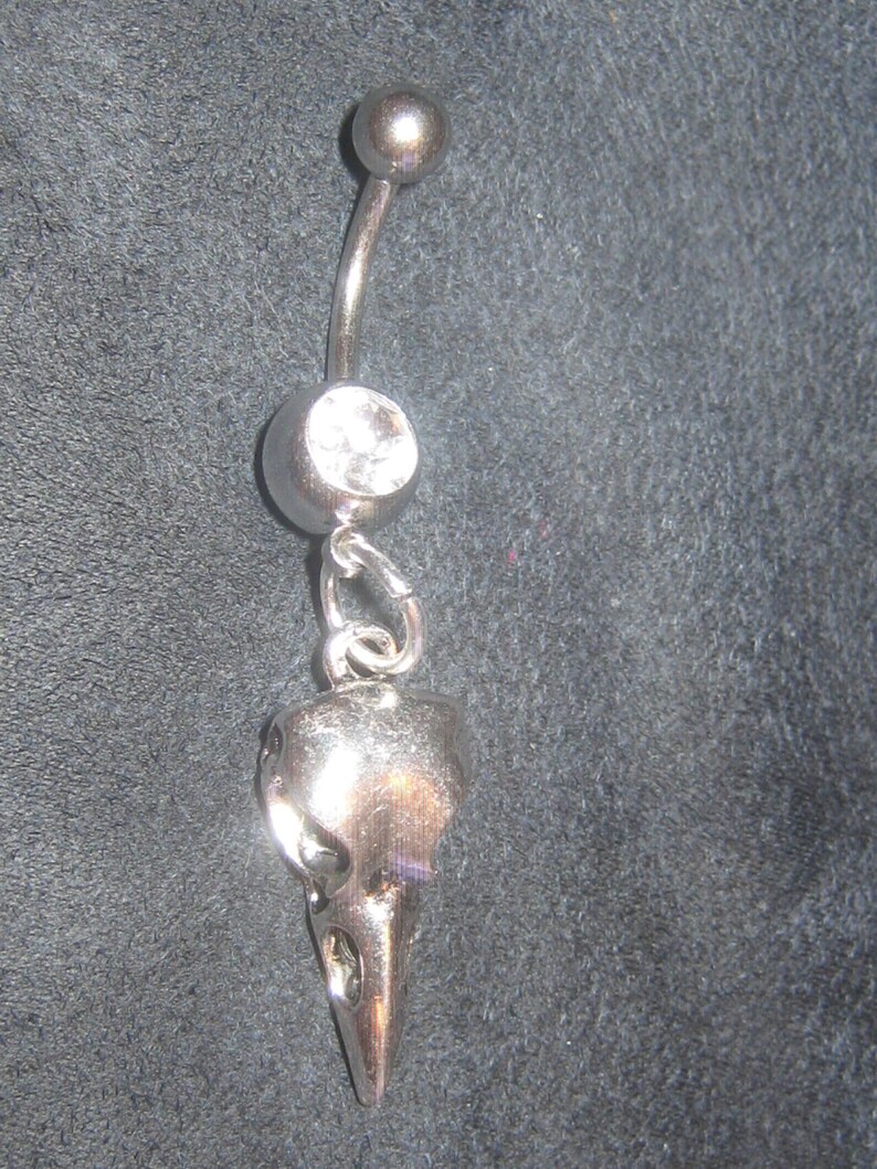 New One of A Kind Silver Tone Raven Bird Skull 14 Gauge CZ Belly Ring ...