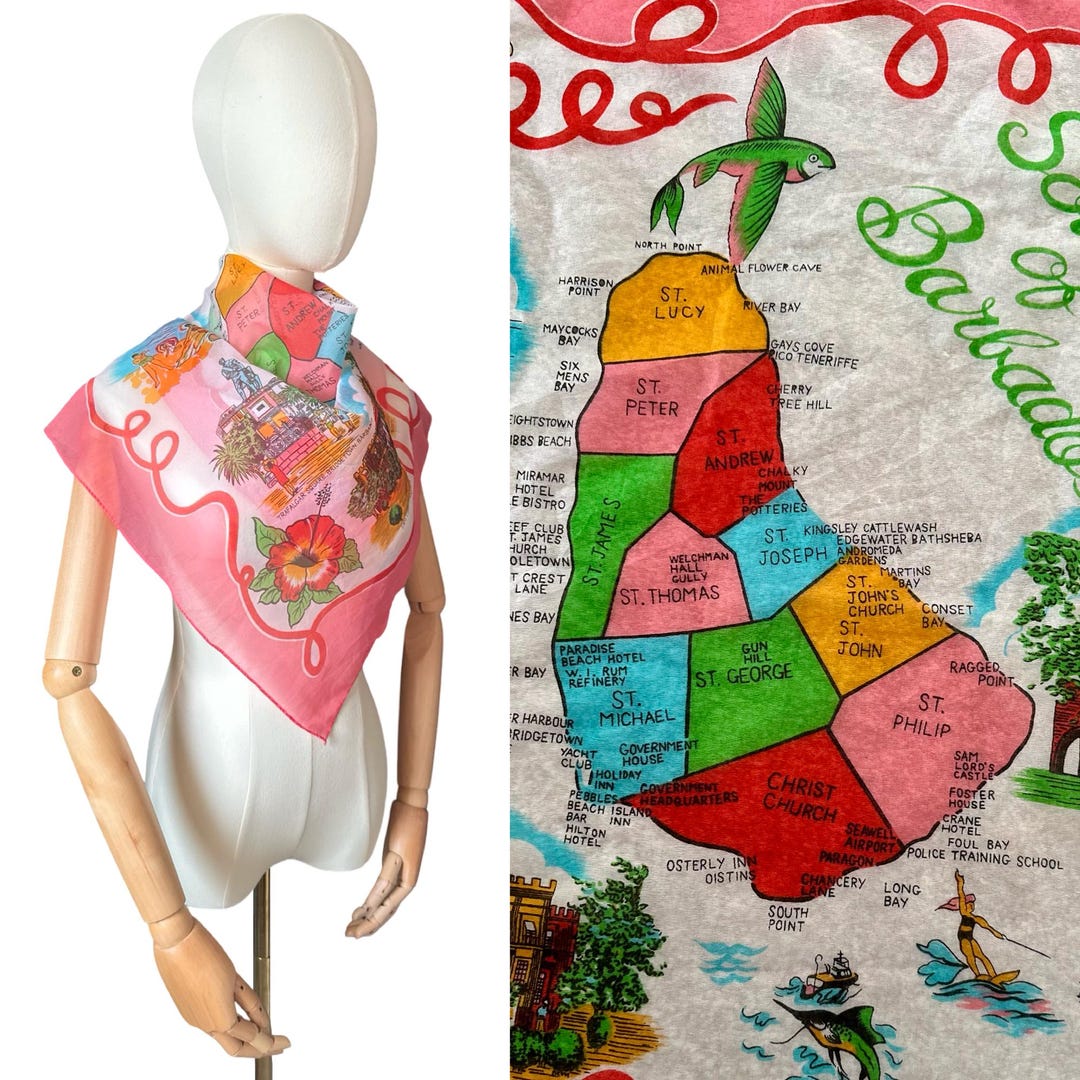 1970's Vintage Barbados Sheer Novelty Souvenir Printed Square Scarf - Etsy