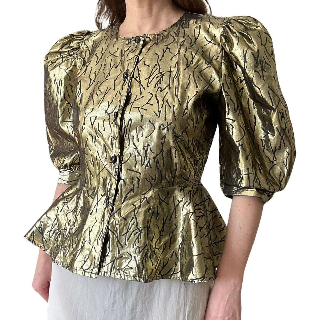 1980's Vintage Gold Metallic Lame Puff Sleeve Blouse Top Size Medium - Etsy