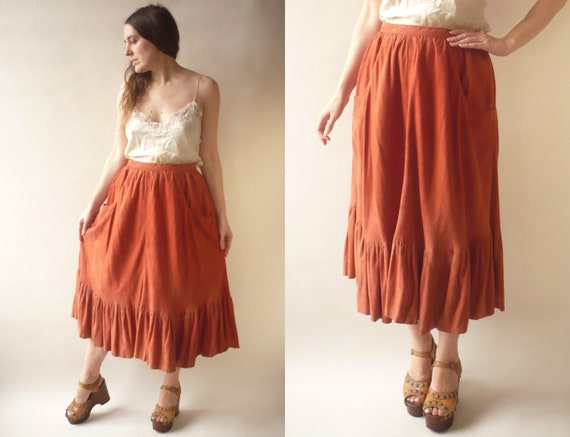 FENDI 1970's Vintage Rust Coloured Suede Midi Flared … - Gem