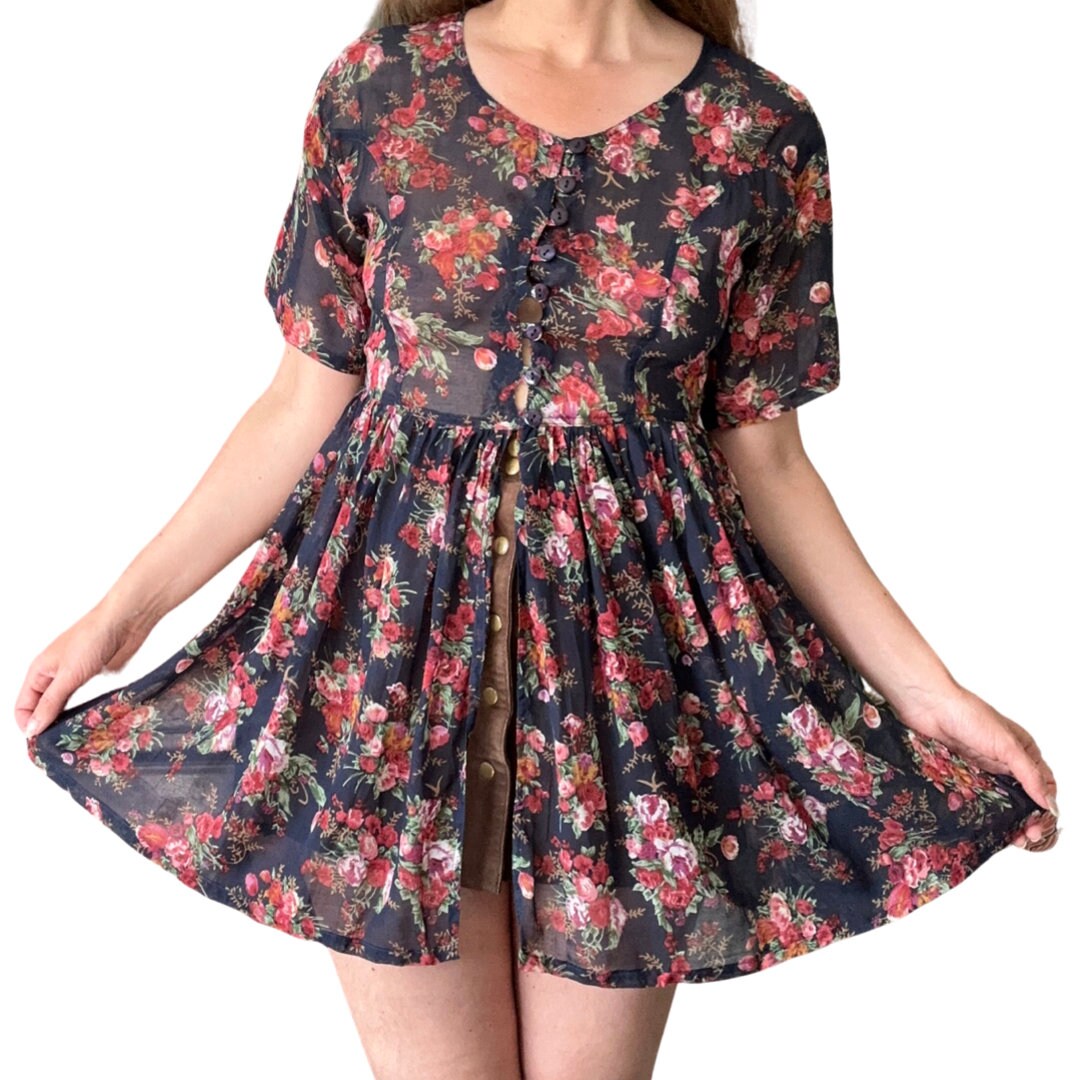 1980's Vintage Indian Viscose Gauze Floral Printed Longline Babydoll ...