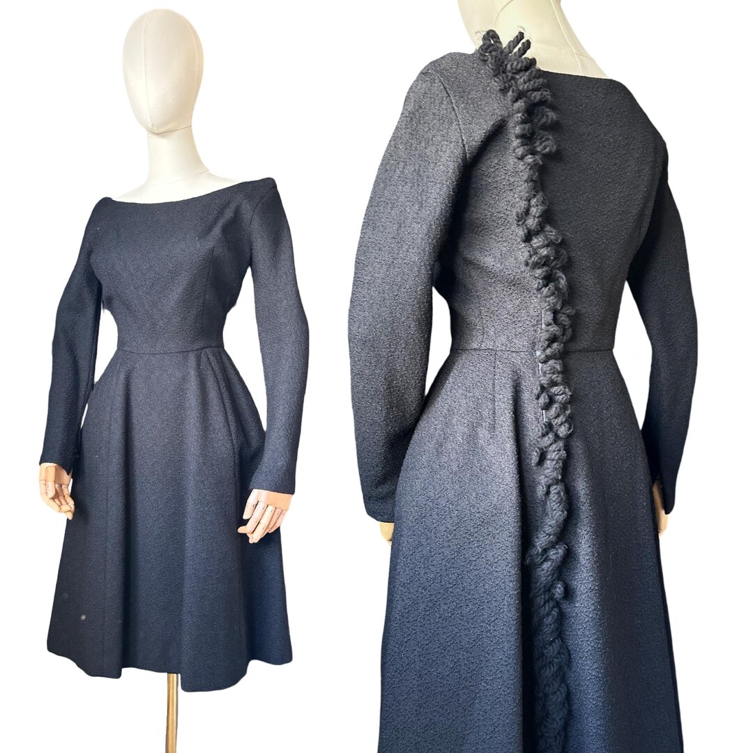 Polly Peck 1960's Vintage Black Wool Full Skirted Dress With Fringed ...