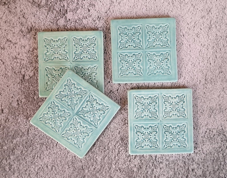 Set of 4 Handmade Ceramic Coasters, Mint Ceramic Textured Coasters ...