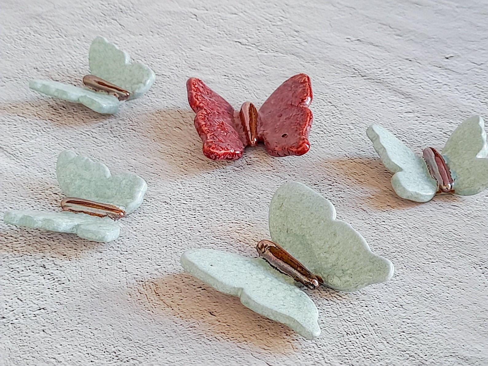 Set of 5 Ceramic Butterflies Wall Art, MINT and RED Butterflies ...