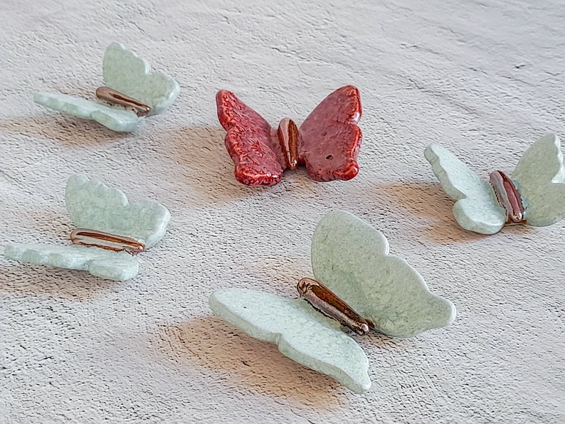 Set of 5 Ceramic Butterflies Wall Art, MINT and RED Butterflies ...