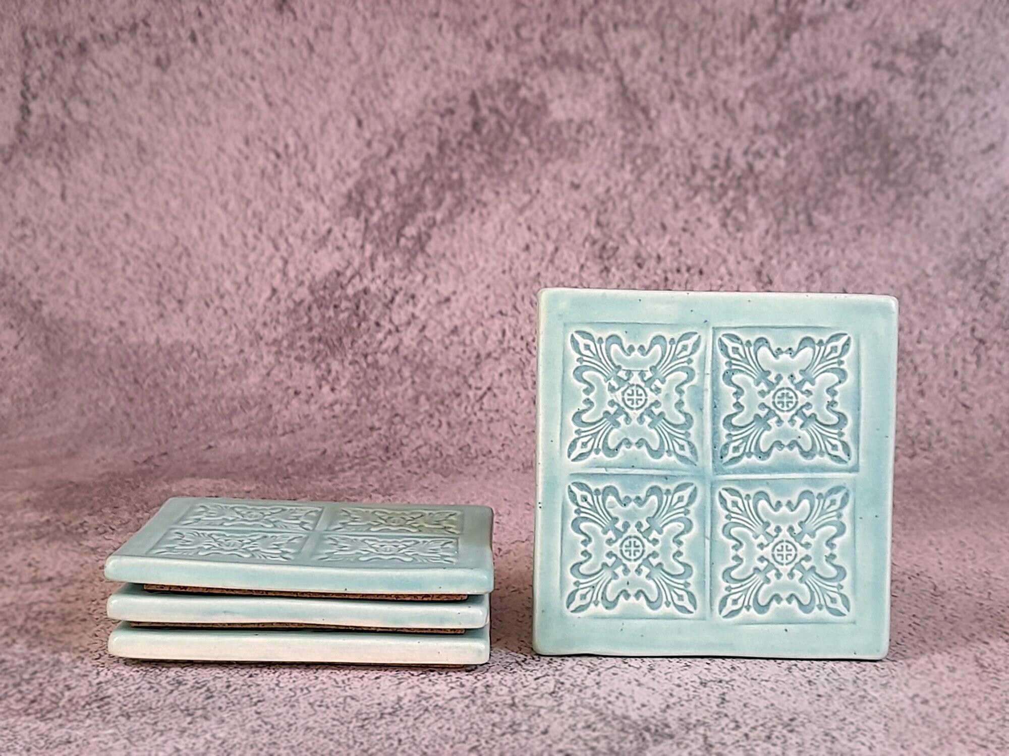 Set of 4 Handmade Ceramic Coasters, Mint Ceramic Textured Coasters, Kitchen Decor, Mom Gift - Etsy