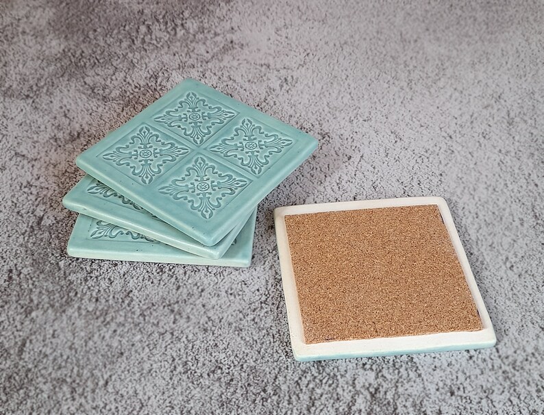 Set of 4 Handmade Ceramic Coasters, Mint Ceramic Textured Coasters ...