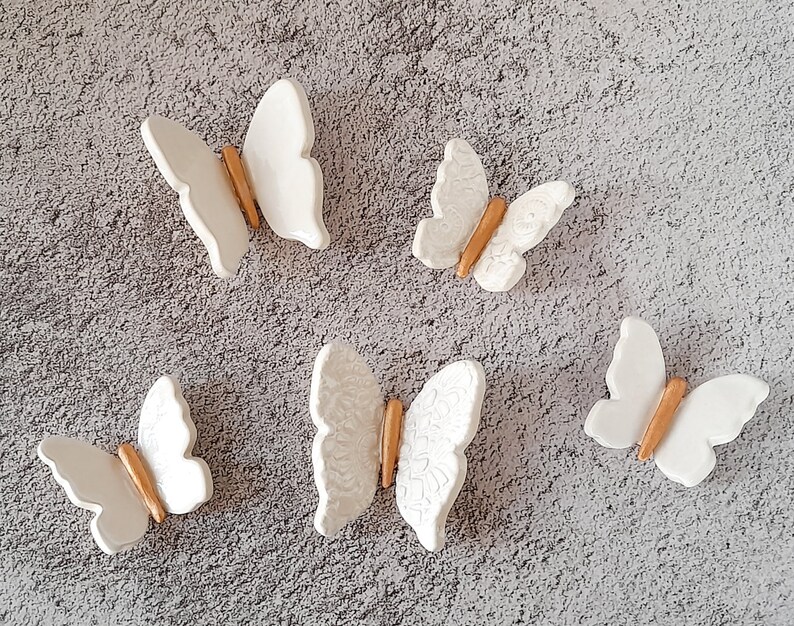 Set of 5 Ceramic Butterflies Wall Art, WHITE Butterflies, Butterfly ...