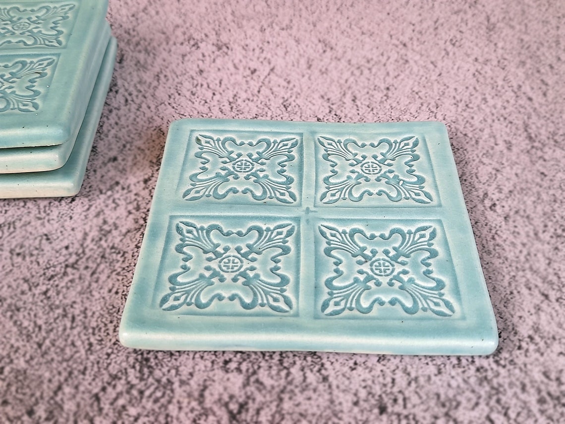 Set of 4 Handmade Ceramic Coasters, Mint Ceramic Textured Coasters ...