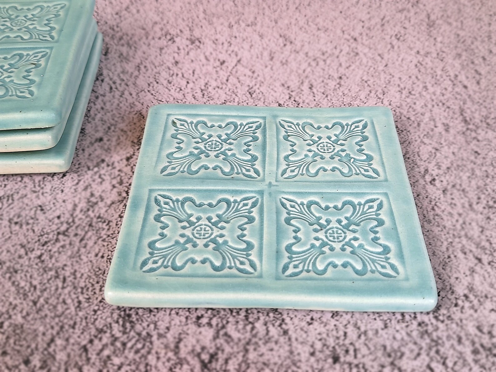 Set of 4 Handmade Ceramic Coasters, Mint Ceramic Textured Coasters ...