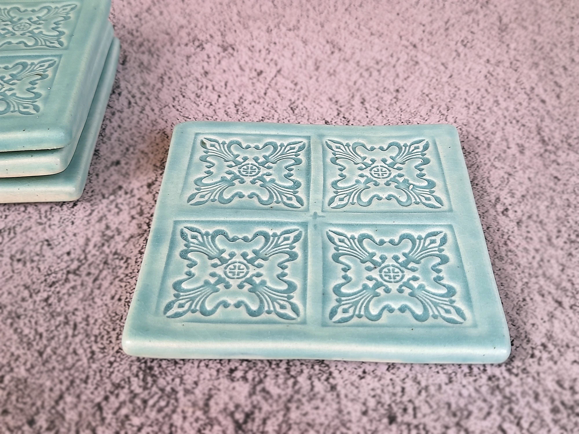 Set of 4 Handmade Ceramic Coasters, Mint Ceramic Textured Coasters ...