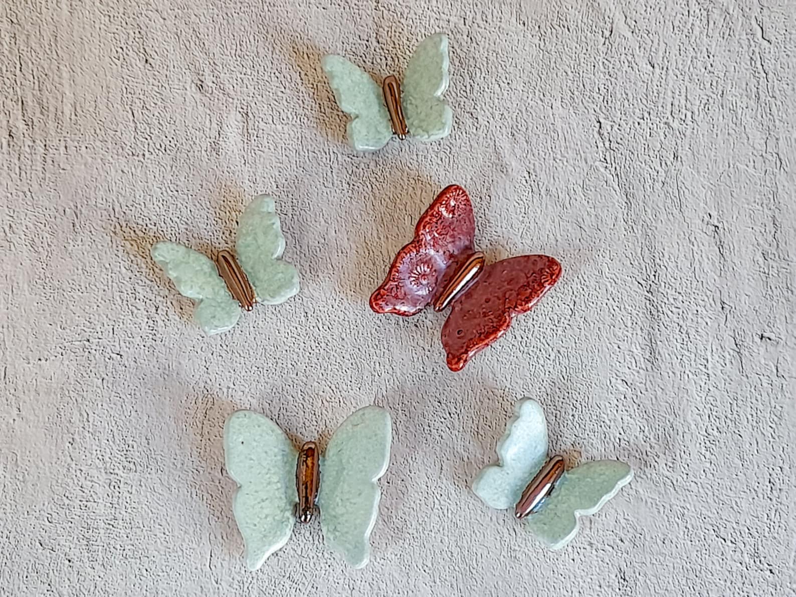 Set of 5 Ceramic Butterflies Wall Art, MINT and RED Butterflies ...