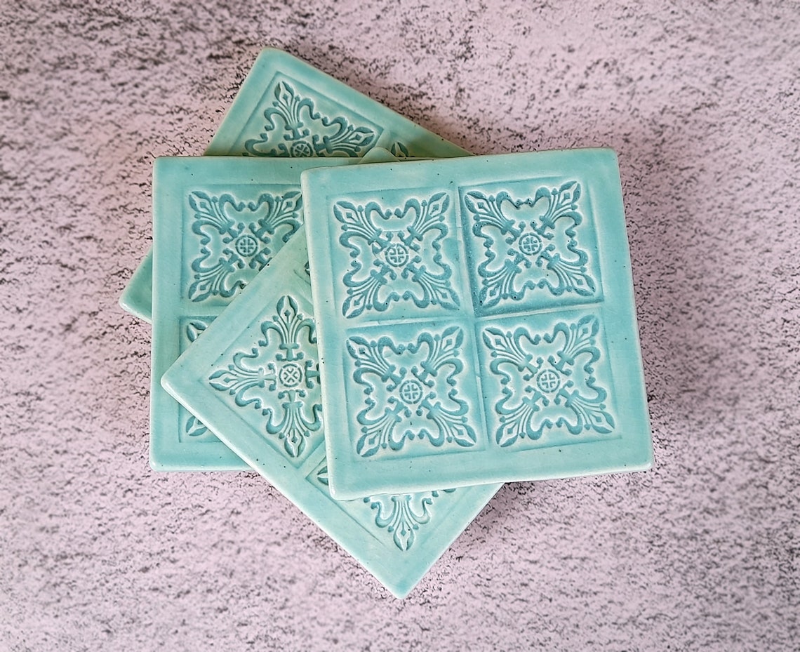 Set of 4 Handmade Ceramic Coasters, Mint Ceramic Textured Coasters, Kitchen Decor, Mom Gift - Etsy