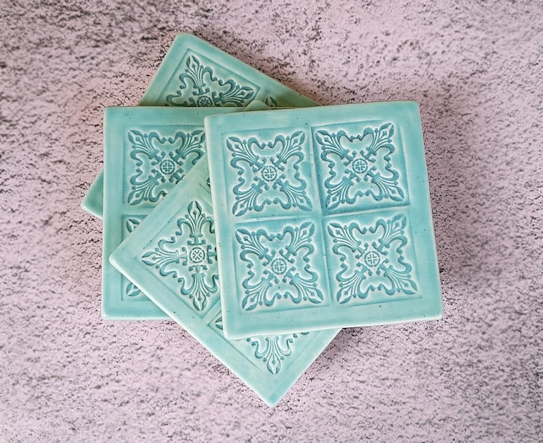 Set of 4 Handmade Ceramic Coasters, Mint Ceramic Textured Coasters ...