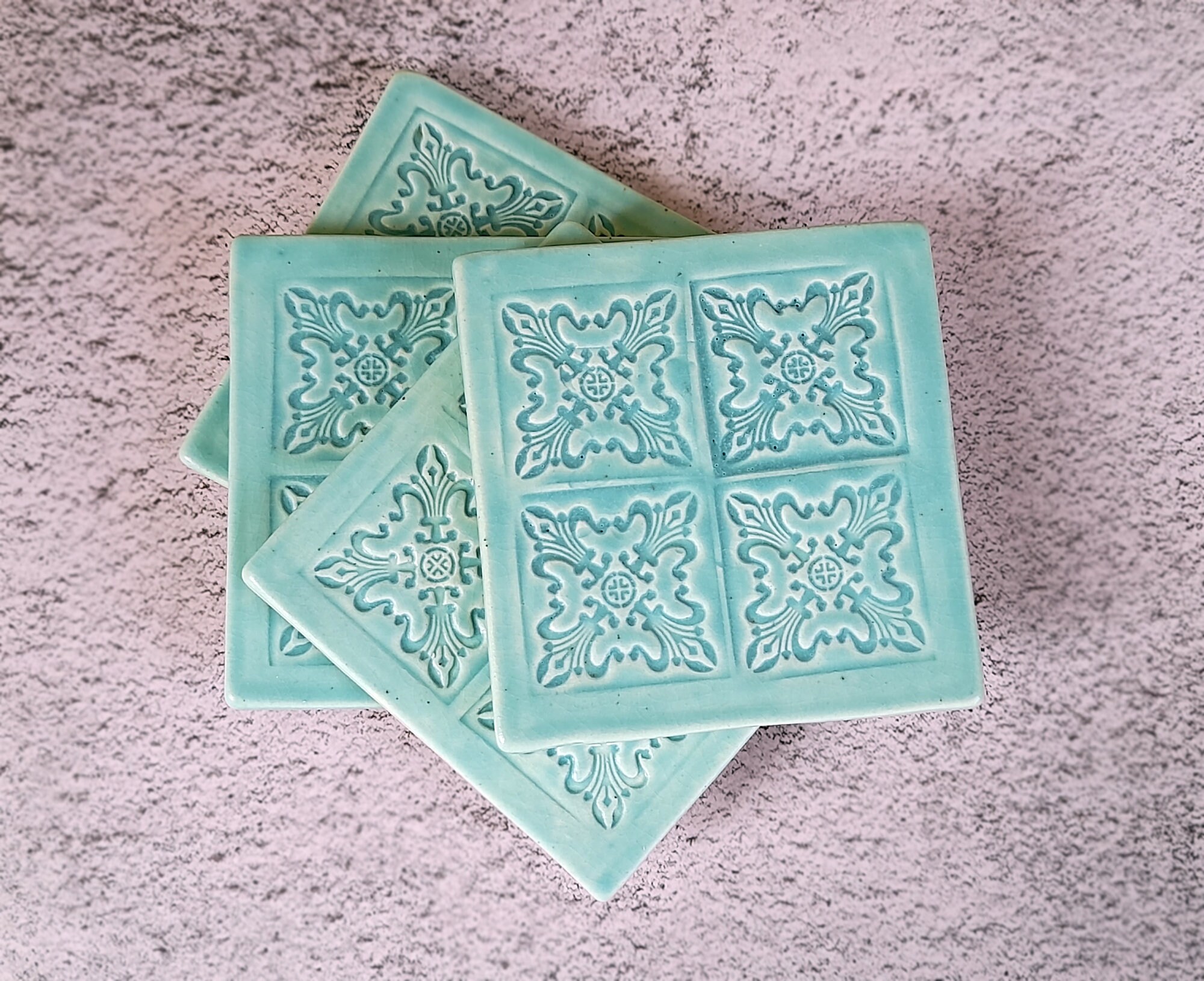 Set of 4 Handmade Ceramic Coasters, Mint Ceramic Textured Coasters ...