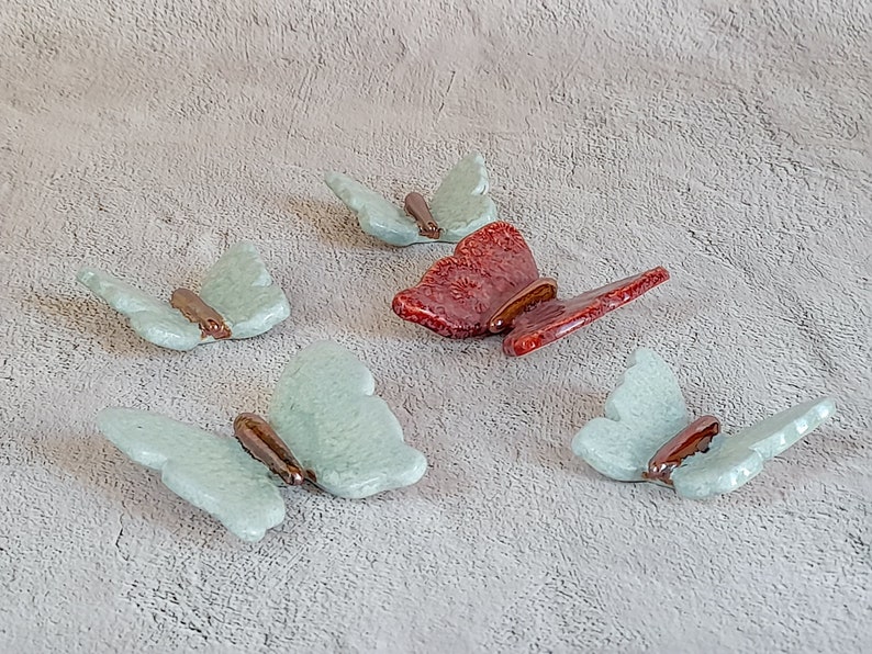 Set of 5 Ceramic Butterflies Wall Art, MINT and RED Butterflies ...
