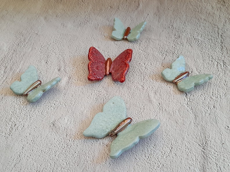 Set of 5 Ceramic Butterflies Wall Art, MINT and RED Butterflies ...