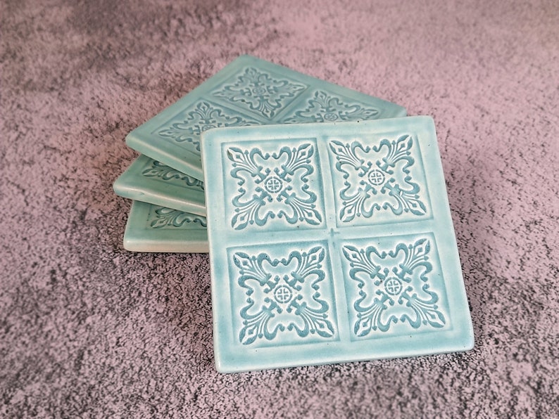 Set of 4 Handmade Ceramic Coasters, Mint Ceramic Textured Coasters, Kitchen Decor, Mom Gift - Etsy