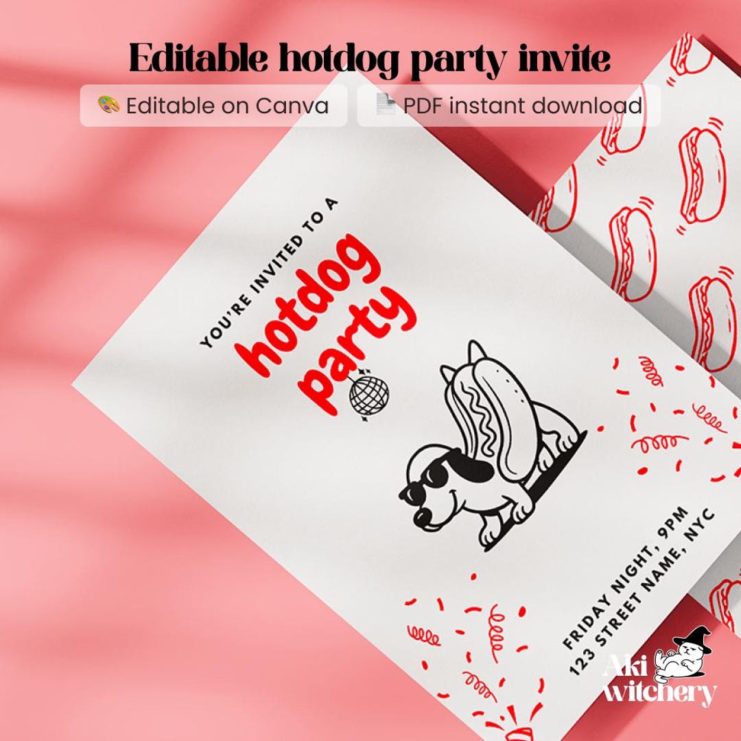 Hot-dog Party Invitation - Easy to Custom on Canva - Birthday Party ...