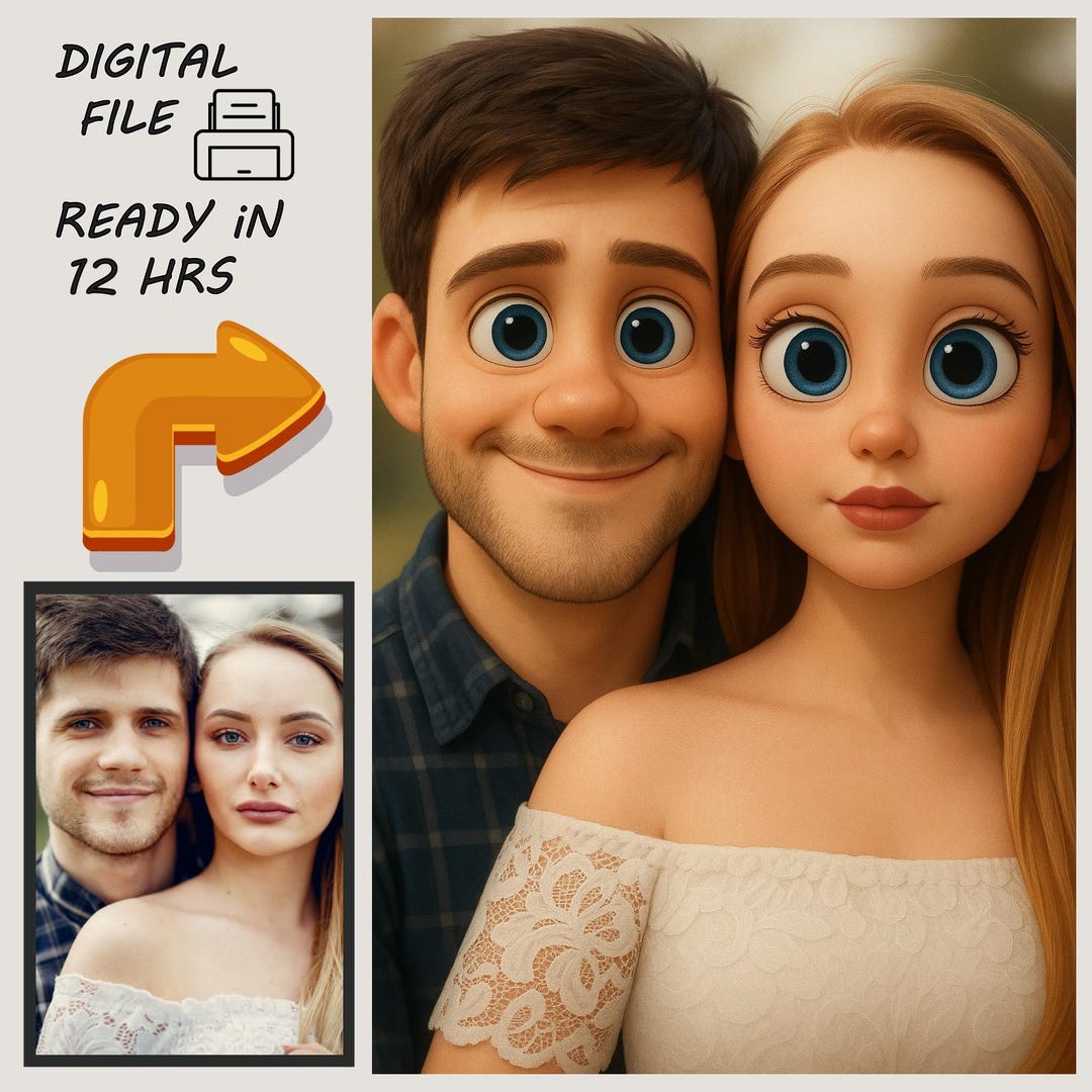 Custom Pixar Style Portrait, Personalized Cartoon Couple Drawing ...