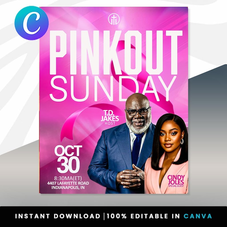 Pink Out Sunday Church Flyer Template | Editable Canva & PSD | Breast ...