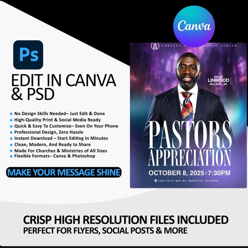 Pastor Appreciation Flyer Template | Editable Canva & PSD | Church ...