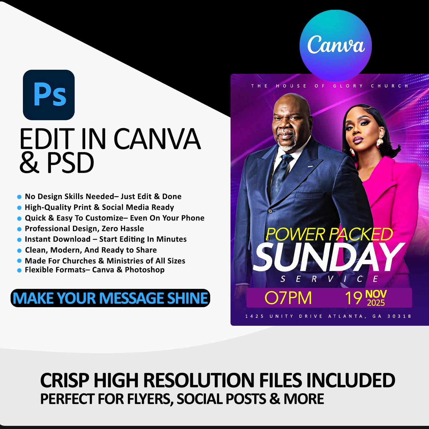 Sunday Service Flyer | Editable Canva & PSD | Church Worship, Praise ...
