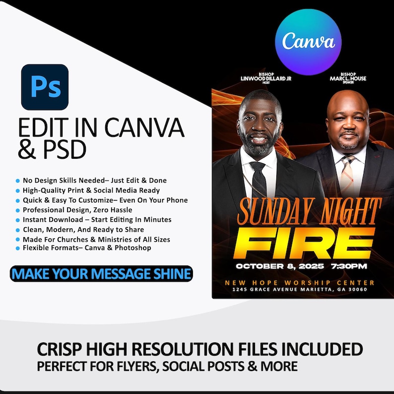 Sunday Night Fire Flyer | Editable Canva and PSD | Revival, Worship ...