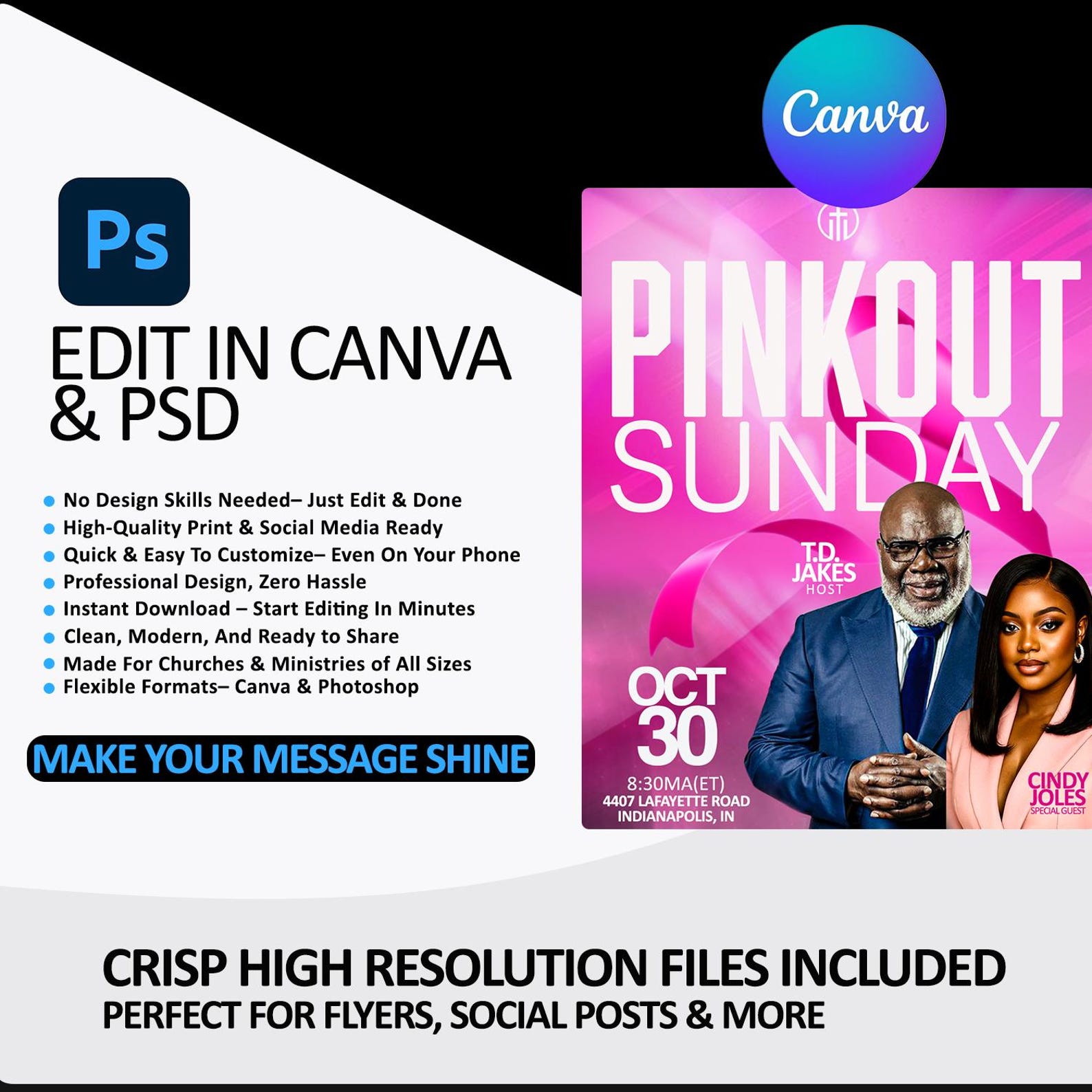 Pink Out Sunday Church Flyer Template | Editable Canva & PSD | Breast ...