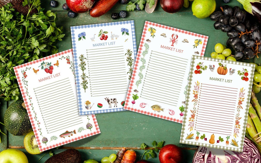 Kitchen Market List Printable's- Fruit, Veggie, Fish & Farm Themes - Etsy