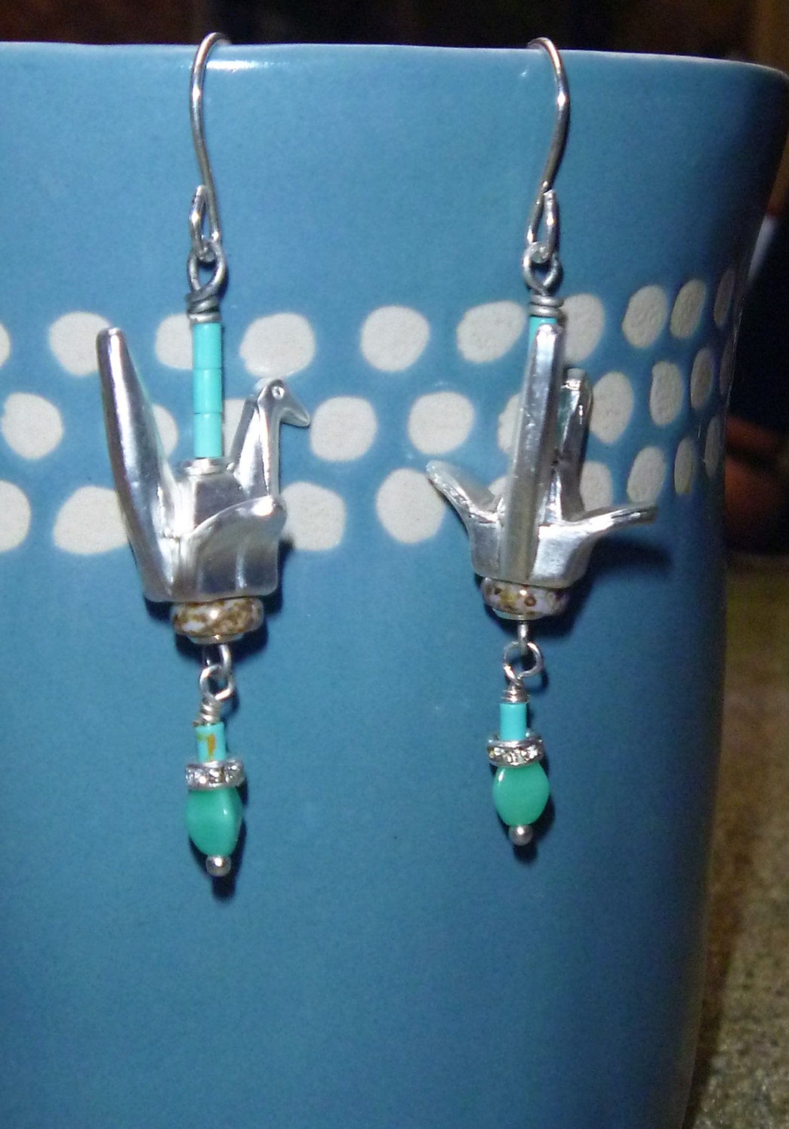 Metal Origami Crane Earrings With Rhinestones and Turquoise on - Etsy