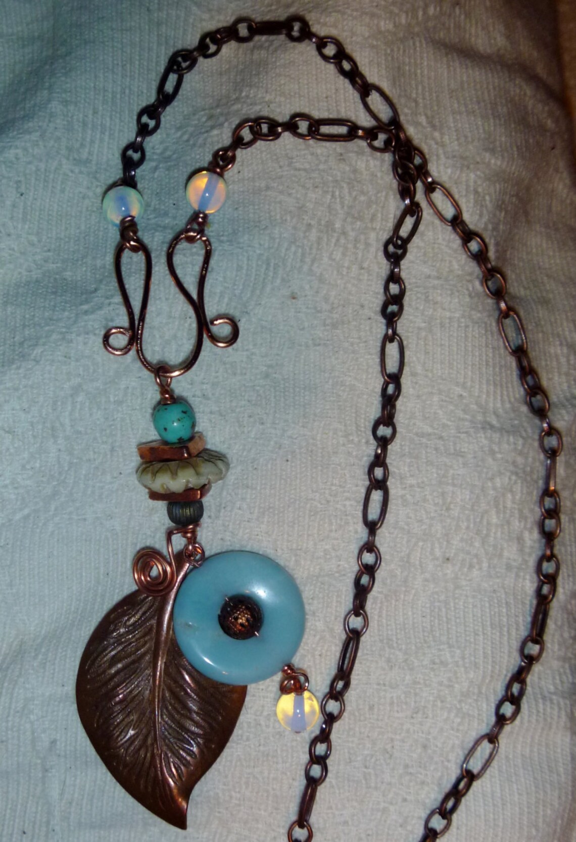 Copper Leaf Necklace With Copper Wire and Opalite Beads - Etsy
