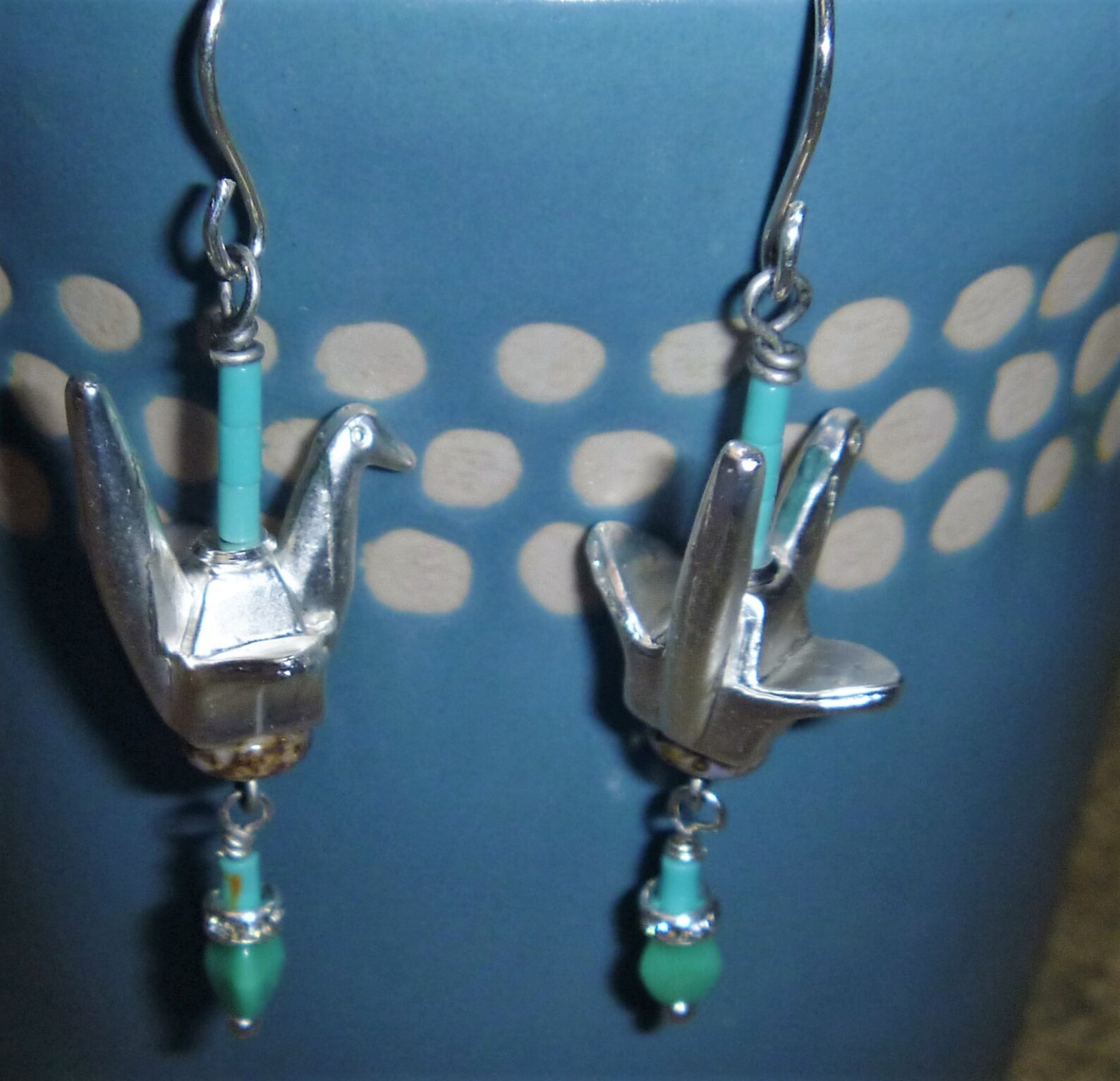 Metal Origami Crane Earrings With Rhinestones and Turquoise on - Etsy